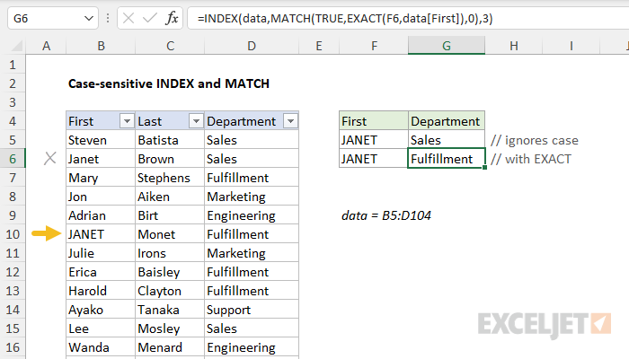 Case sensitive INDEX And MATCH Excel Formula Exceljet